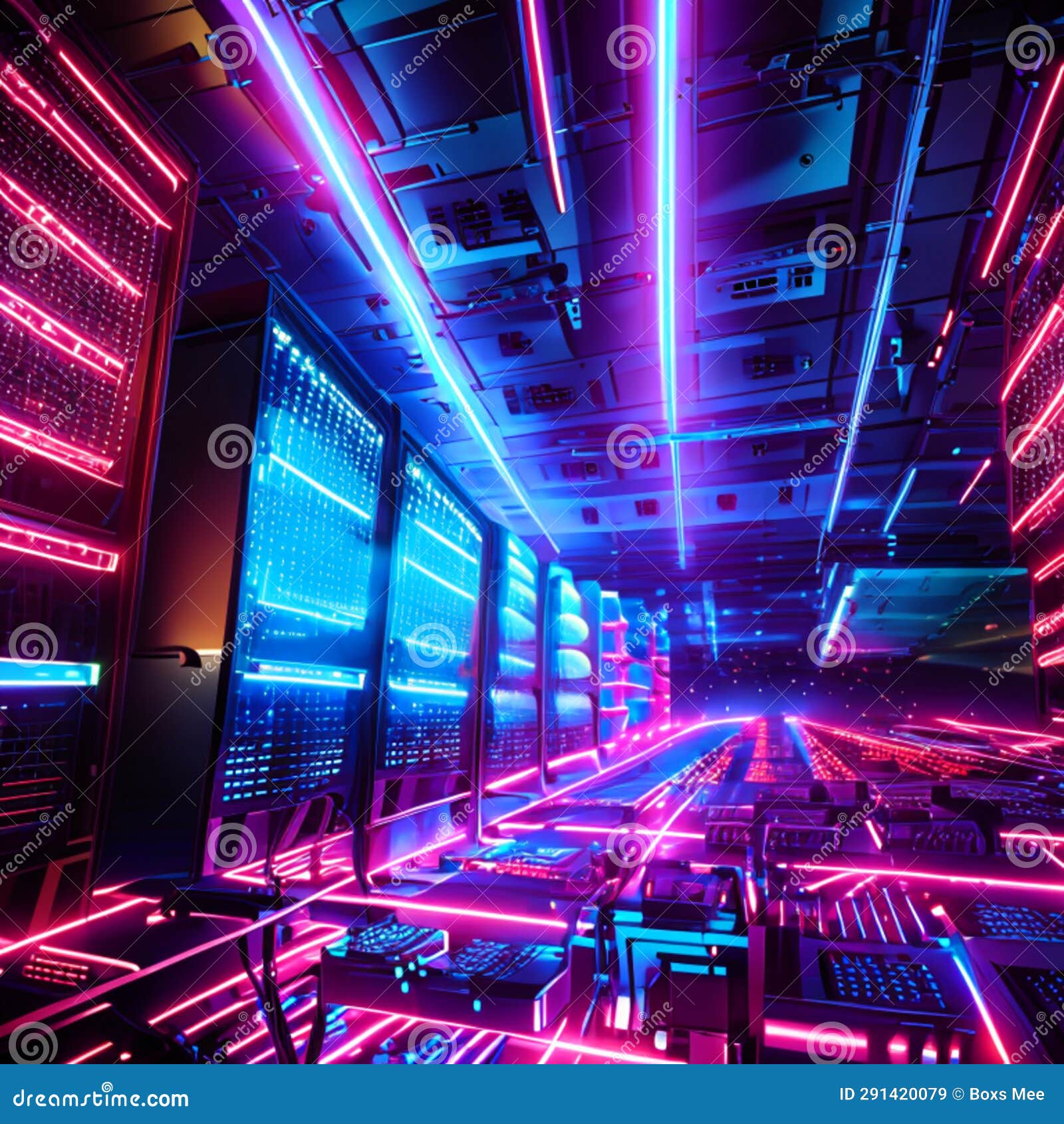 Futuristic Server Room with Neon Lights. 3d Render Illustration AI ...