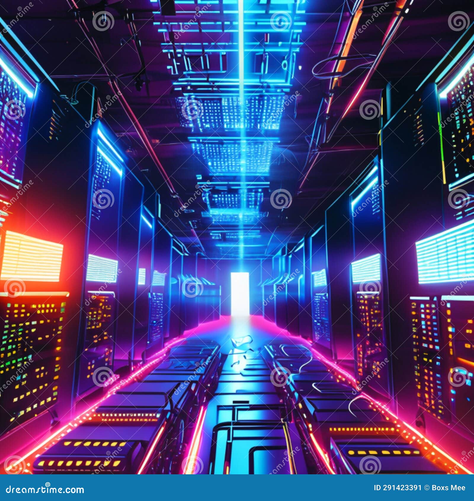 Futuristic Server Room with Neon Lights. 3d Render Illustration ...