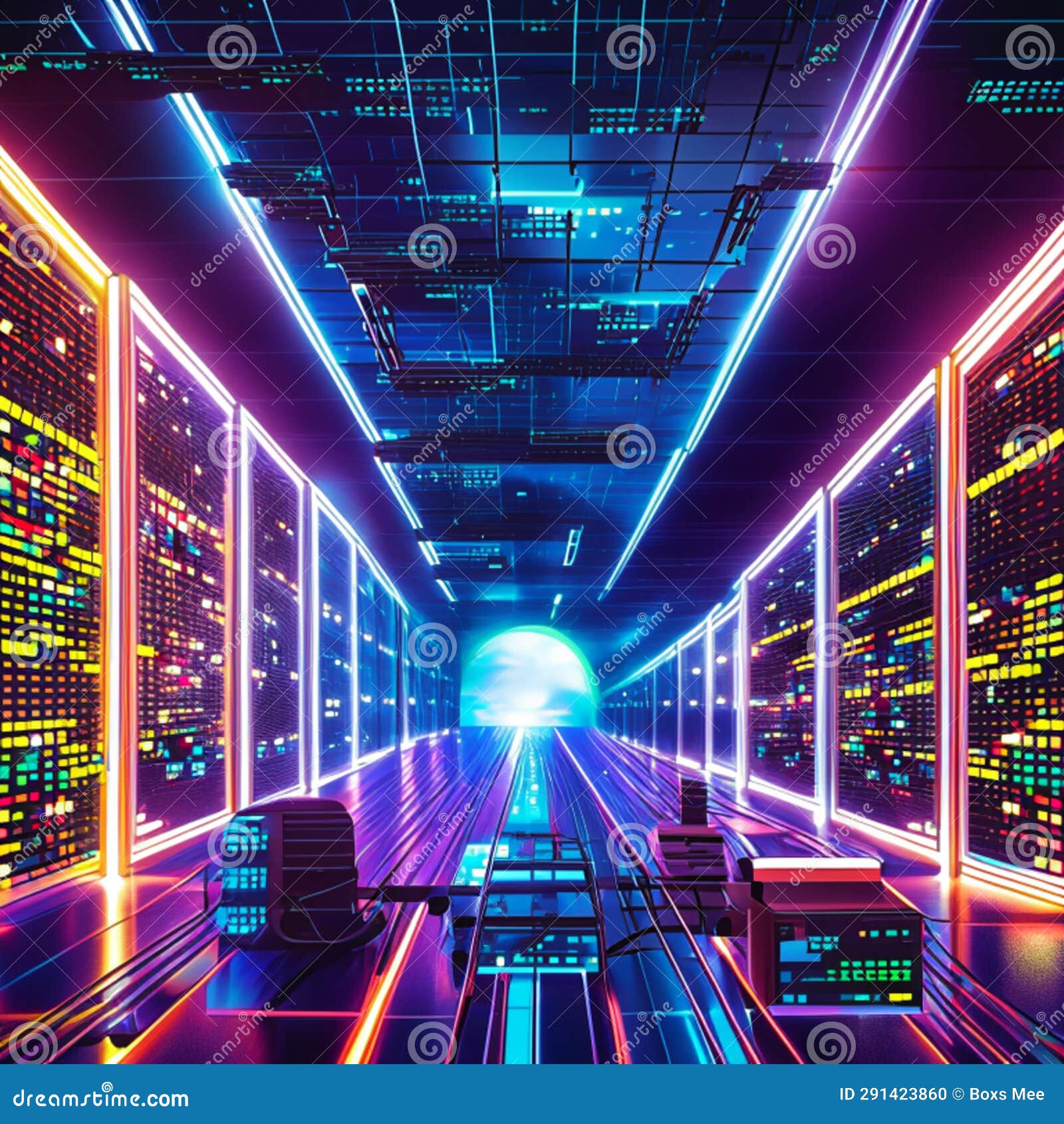 Futuristic Server Room with Neon Lights. 3d Rendering Stock ...