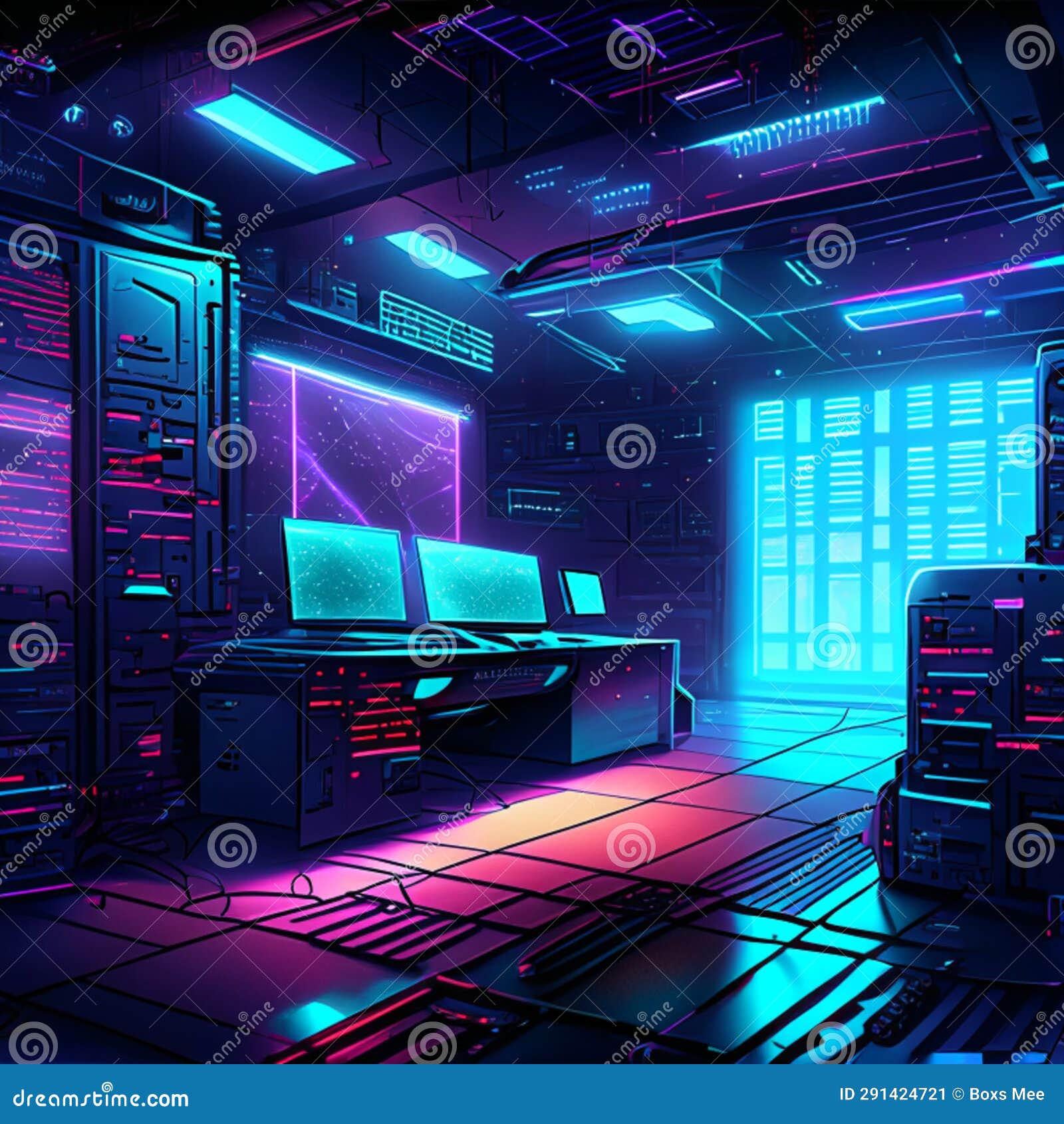 Futuristic Server Room with Neon Lights, 3d Rendering. Computer Digital ...