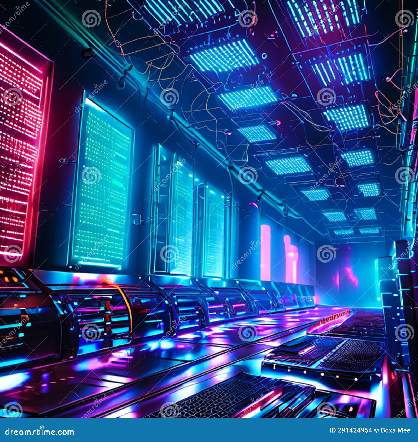 Futuristic Server Room with Neon Lights, 3d Rendering. Computer Digital ...
