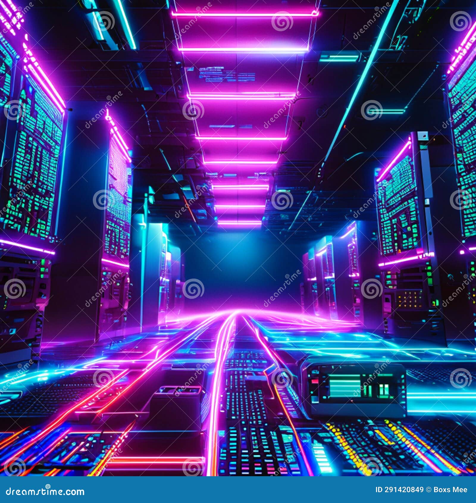 Futuristic Server Room with Neon Lights. 3d Rendering Stock ...