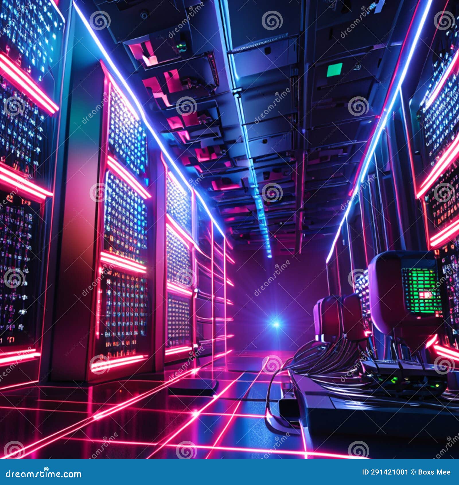 Futuristic Server Room with Neon Lights. 3D Rendering Generative AI ...