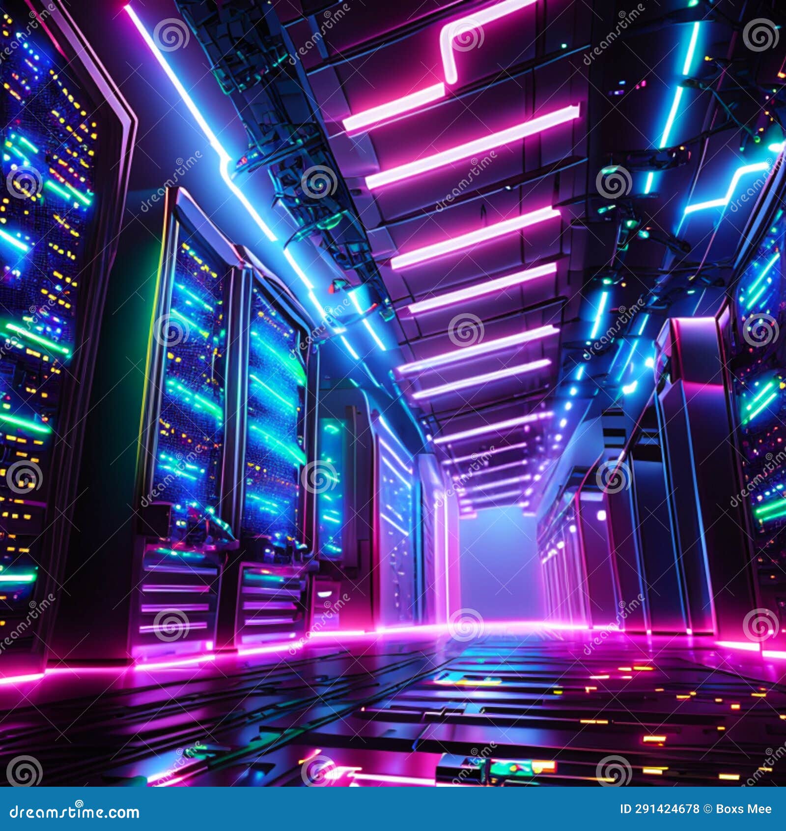 Futuristic Server Room with Neon Lights. 3d Rendering Stock ...