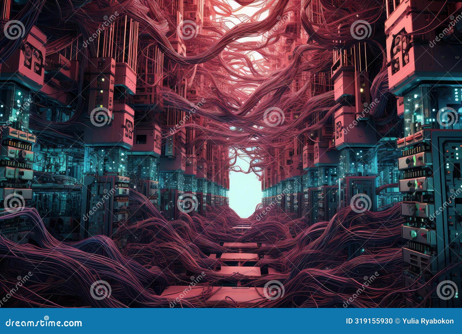 Futuristic Server Room with Overgrown Cables Stock Illustration ...