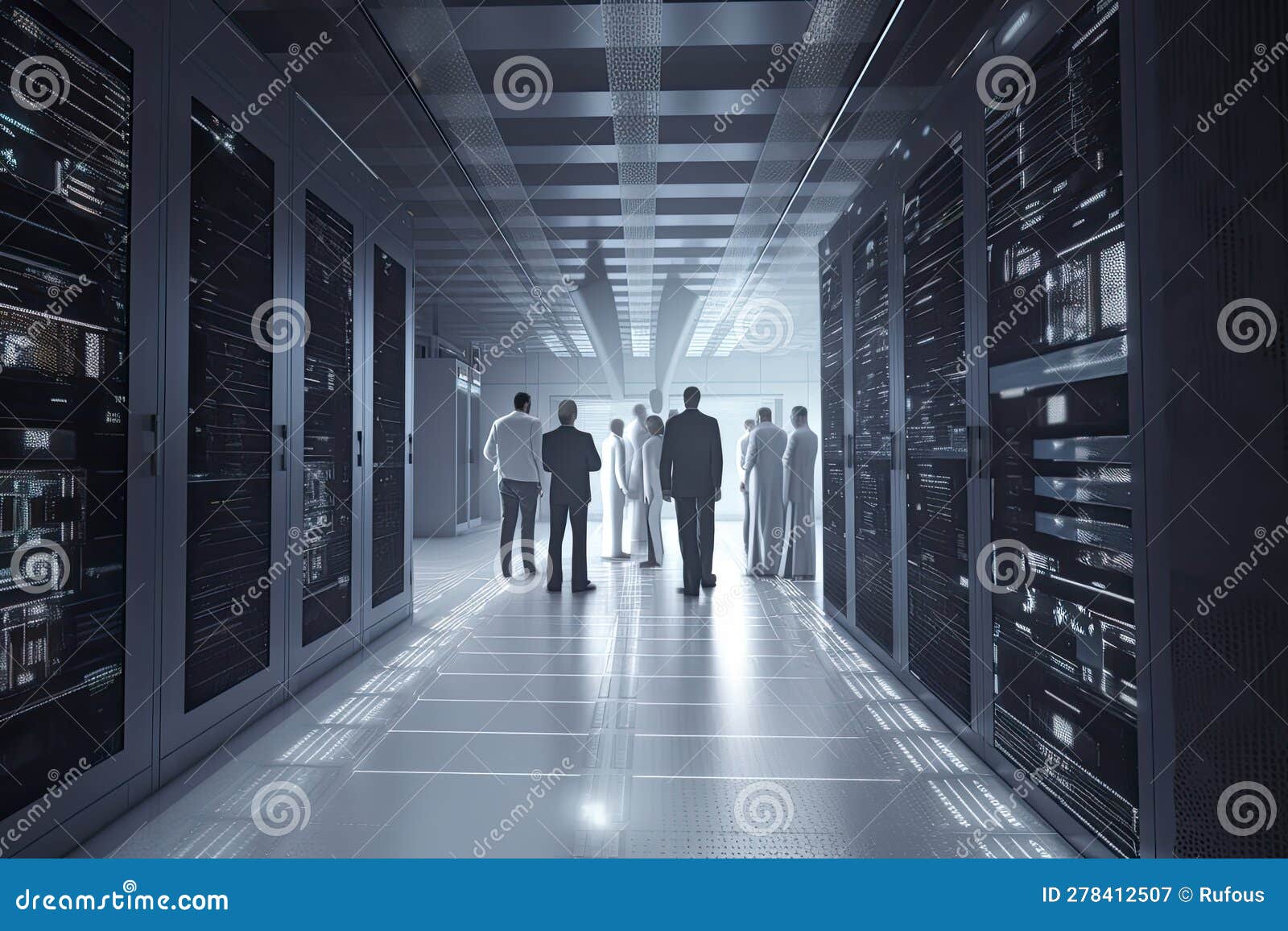 Futuristic Server Room with Quantum Computers and Group of Scientists ...