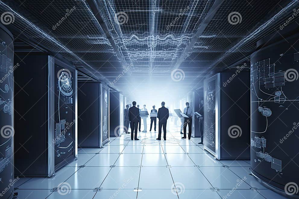 Futuristic Server Room with Quantum Computers and Group of Scientists ...