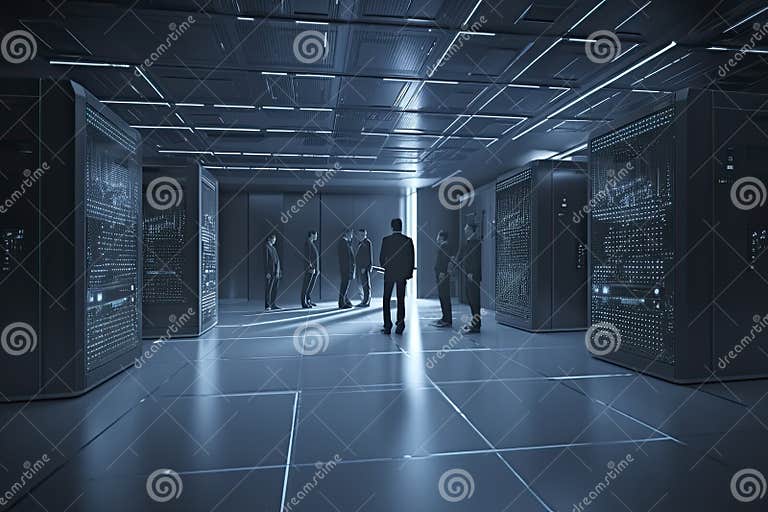 Futuristic Server Room with Quantum Computers and Group of Scientists ...
