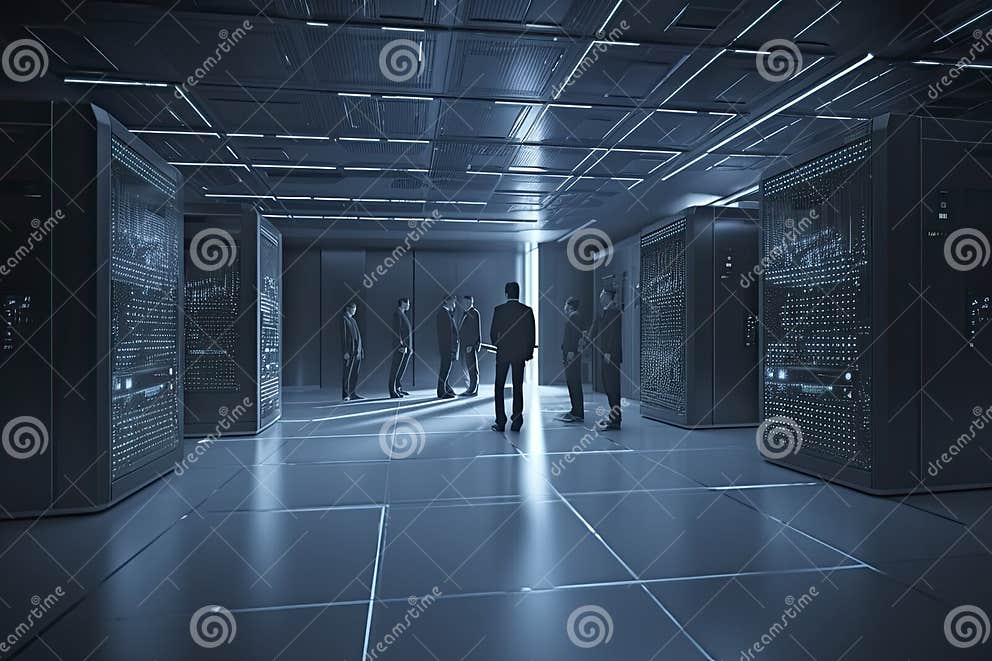 Futuristic Server Room with Quantum Computers and Group of Scientists ...