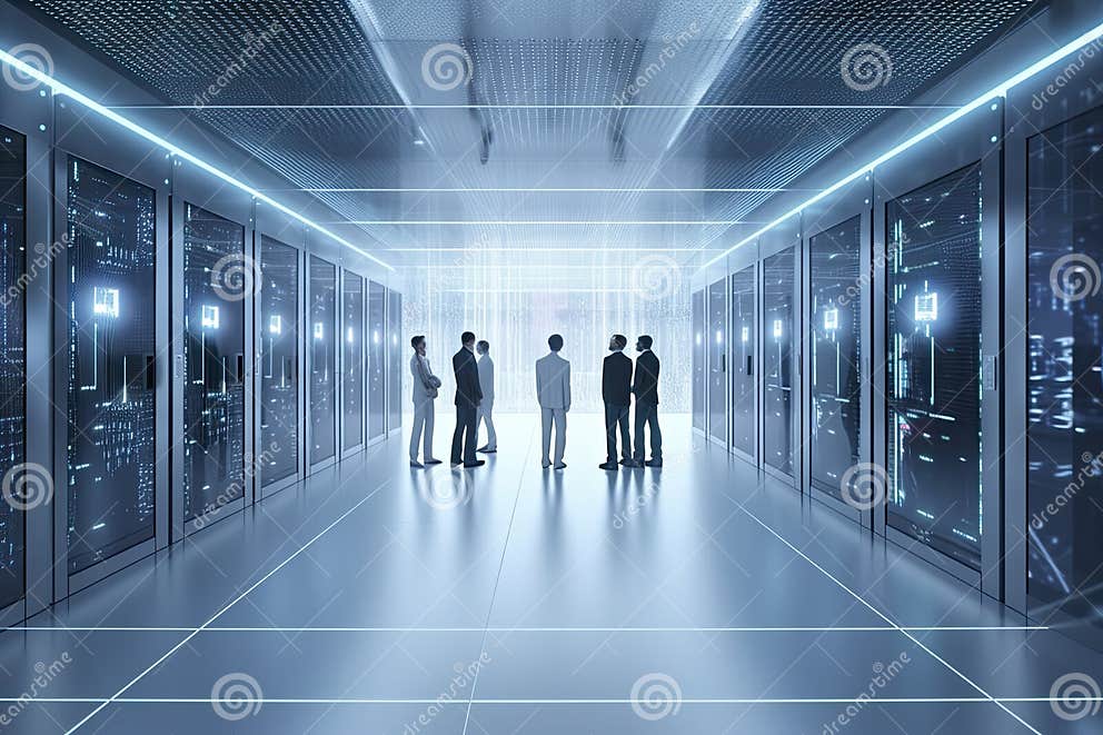 Futuristic Server Room with Quantum Computers and Group of Scientists ...