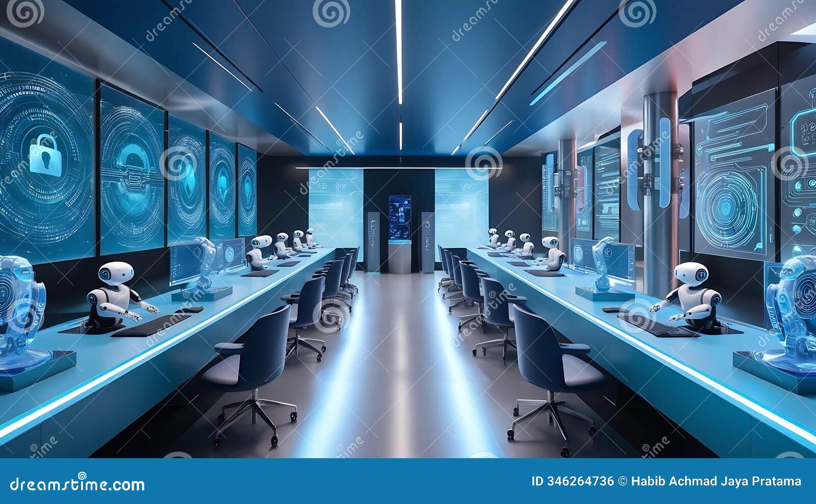 Futuristic Server Room with Robots and Holographic Displays Stock ...