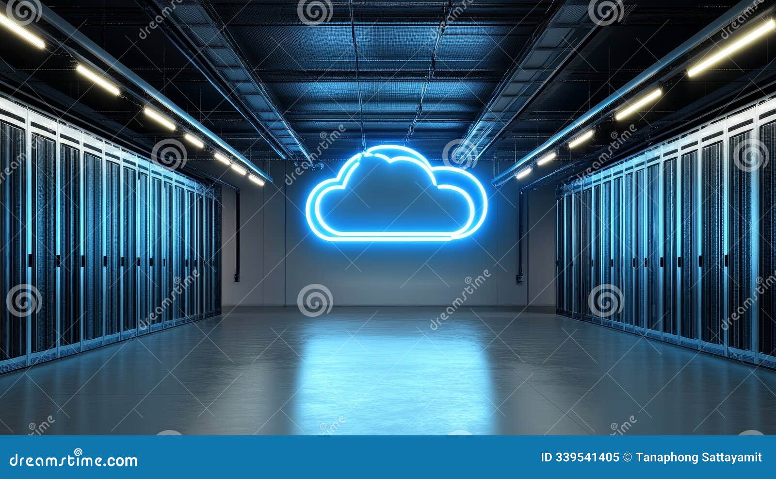 A Futuristic Server Room with Rows of Servers and a Glowing Blue Neon ...