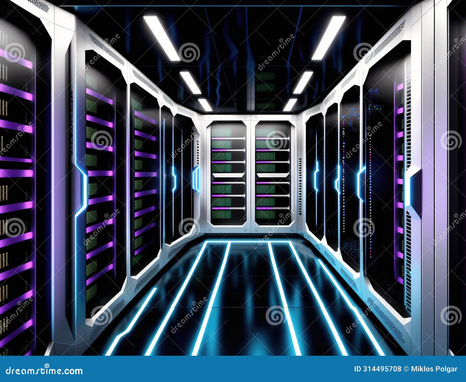 A Futuristic Server Room with Rows of Servers Lined Up in the Center of ...