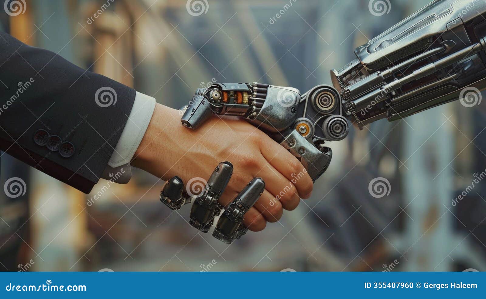 A Human Hand Shakes a Robotic Hand, Symbolizing Collaboration between ...