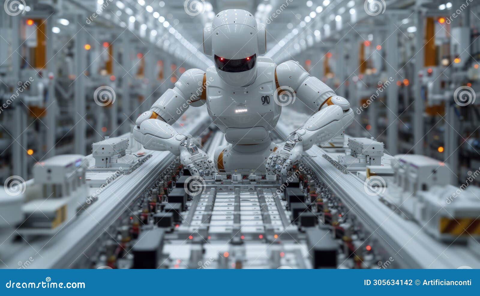 An Artificial Robot is Working in a Factory Stock Illustration ...