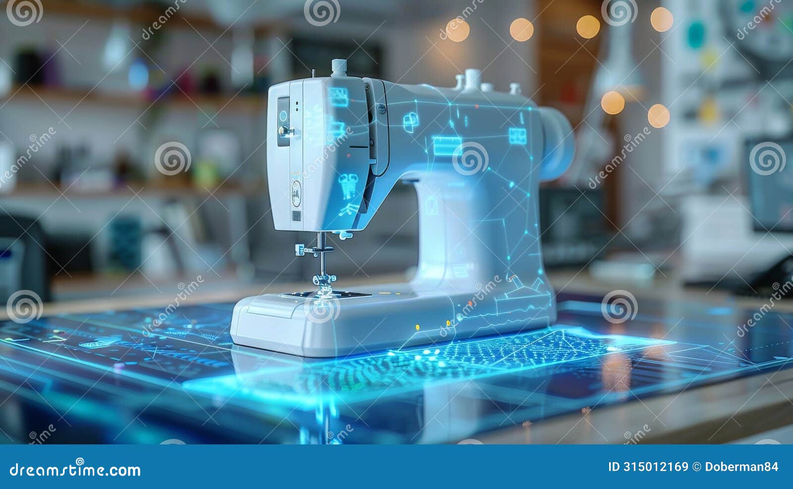 Futuristic Sewing Machine on a Crafting Table with Digital Blueprints ...