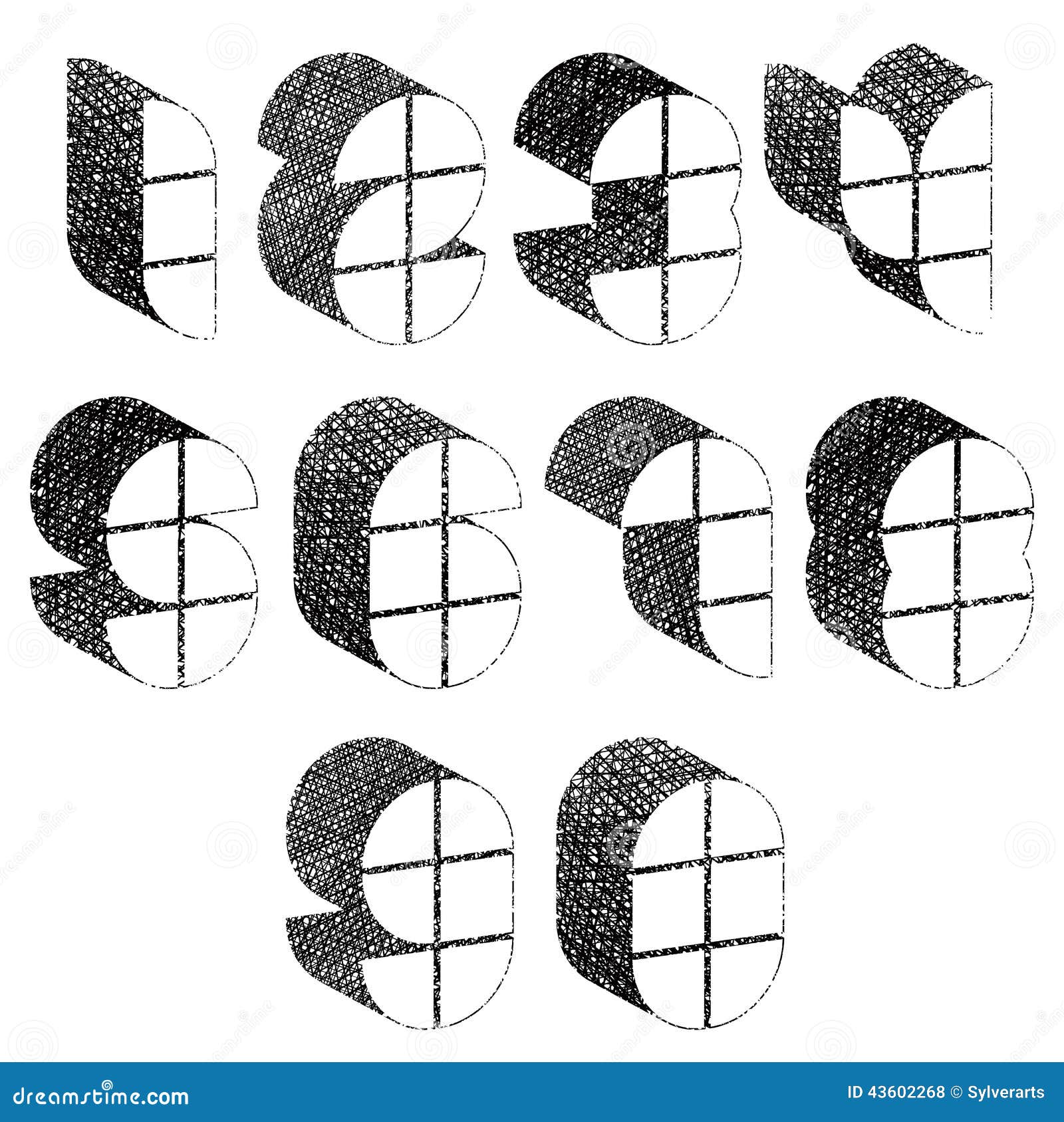 Futuristic Shapes 3d Numbers Set with Hand Drawn Lines Texture. Stock ...