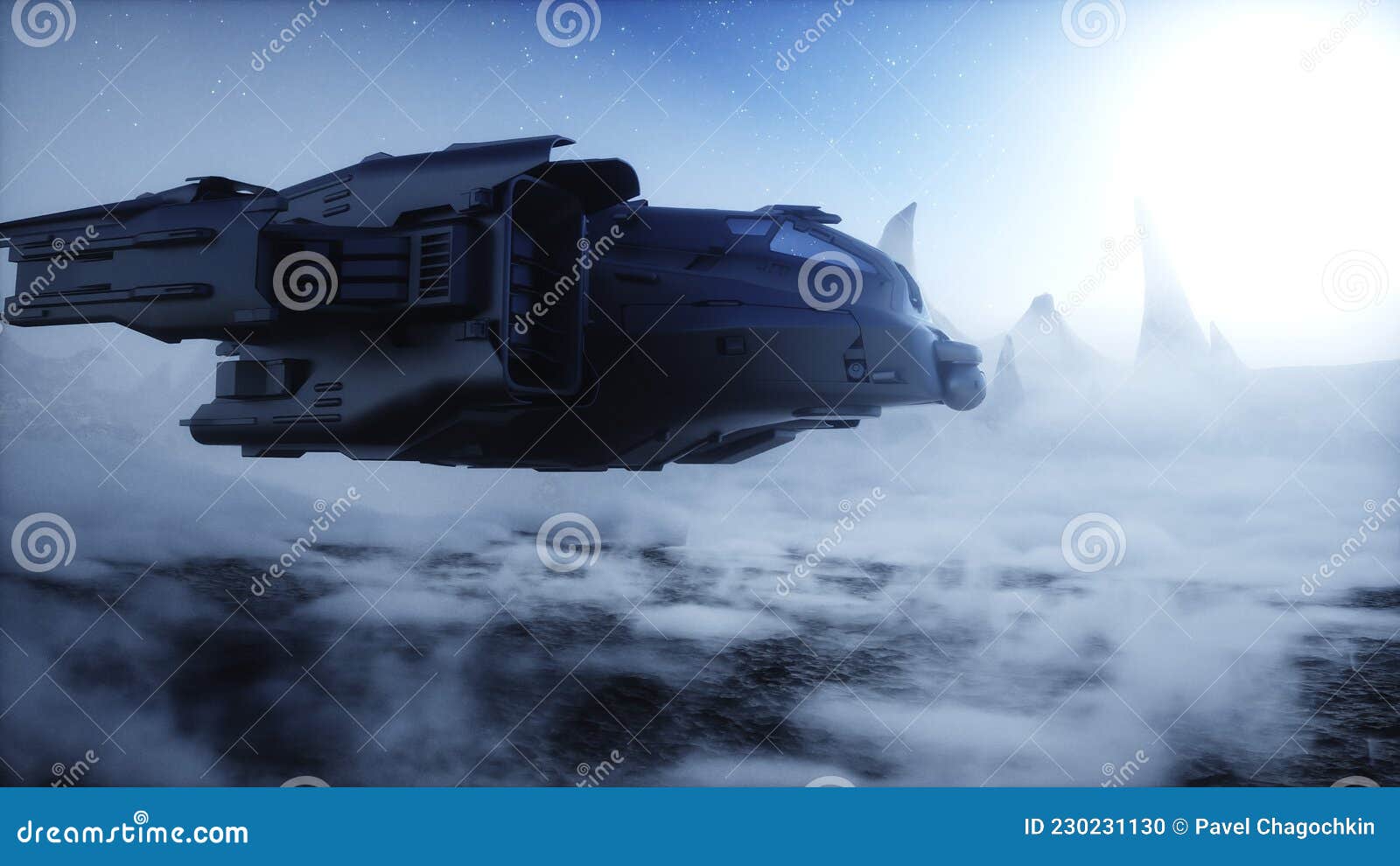 Futuristic Ship Landing on Alien Planet. Mars Surface. 3d Rendering ...