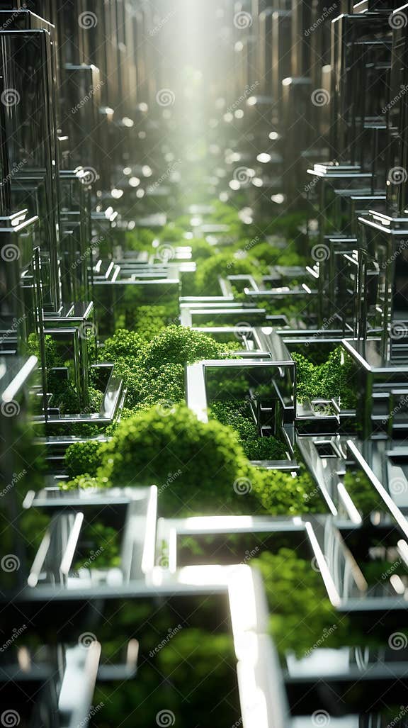 Futuristic Silver Maze: Abstract Metallic Walls, Sunlit Shadows Stock ...