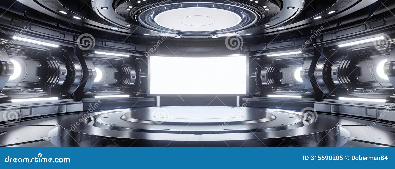 Futuristic Silver Stage with Circular Design and Glowing Elements in a ...