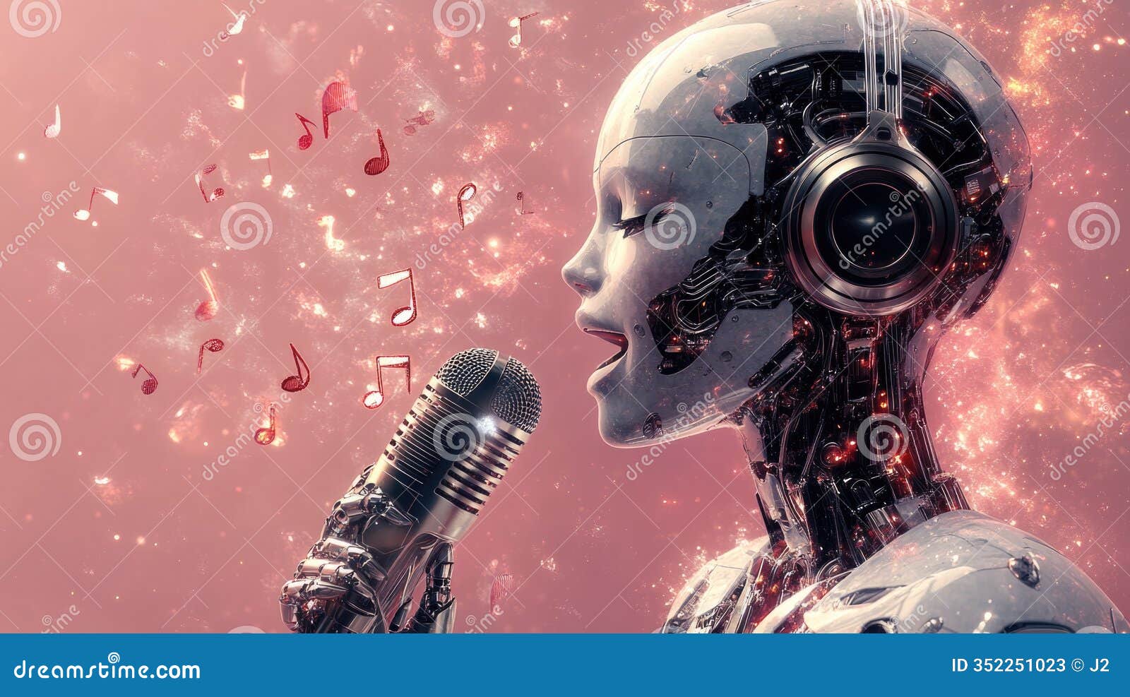 Futuristic Singing Robot with Microphone and Musical Notes Stock Image ...
