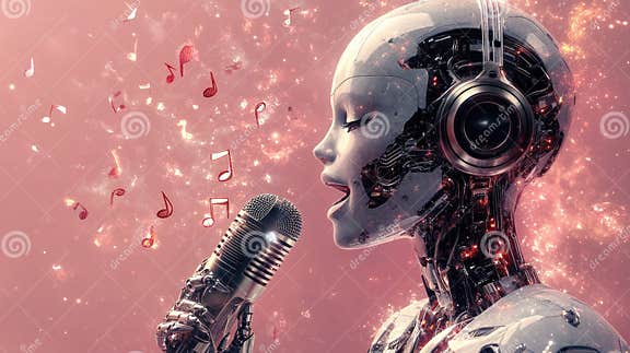 Futuristic Singing Robot with Microphone and Musical Notes Stock Image ...