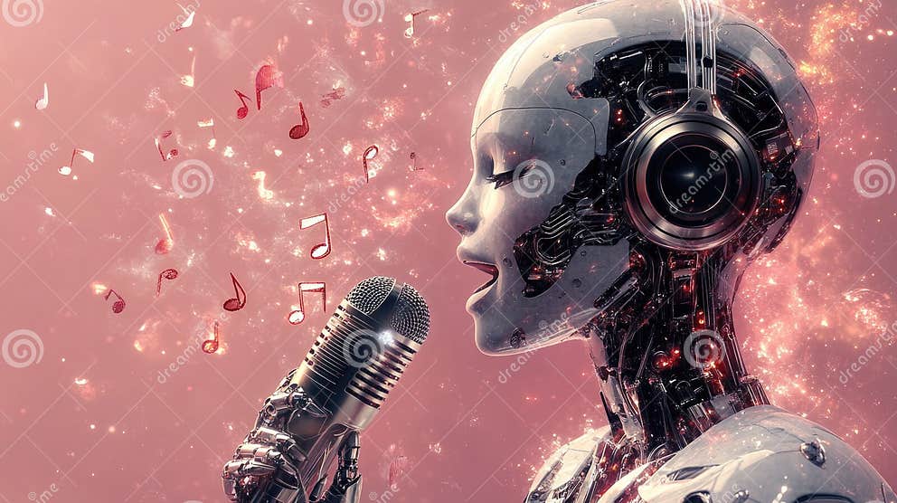 Futuristic Singing Robot with Microphone and Musical Notes Stock Image ...