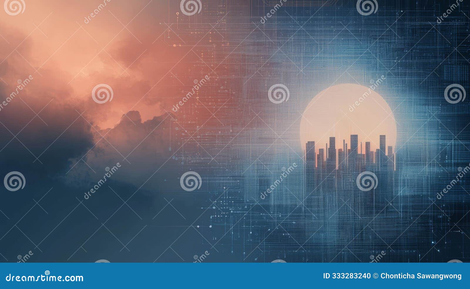 Futuristic Skyline with Digital Elements and Dramatic Sky, Representing ...