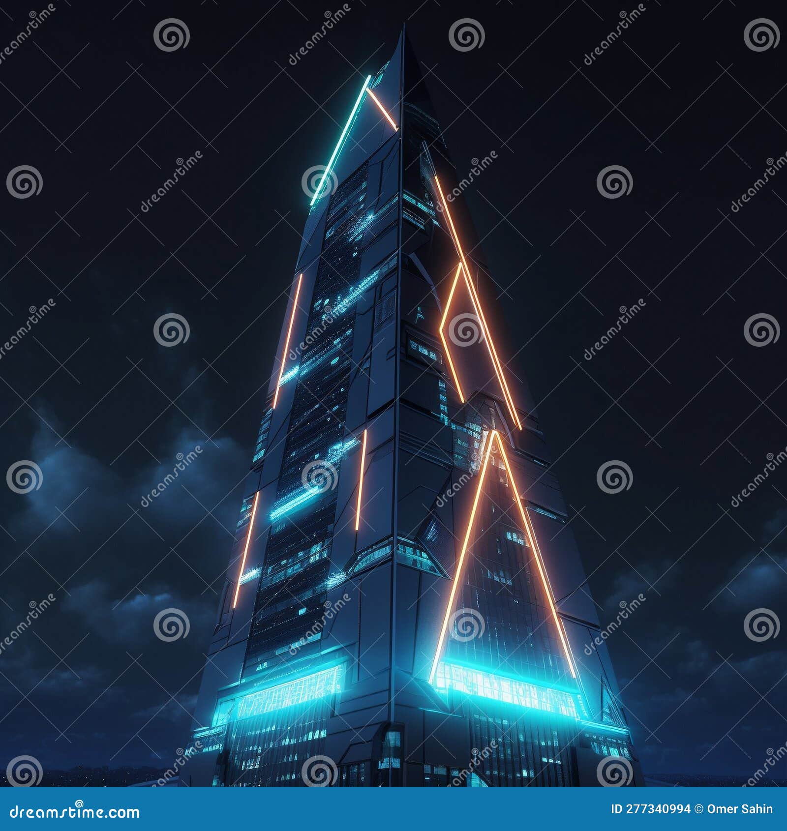 Futuristic Skyscraper with Neon Lights Stock Illustration ...