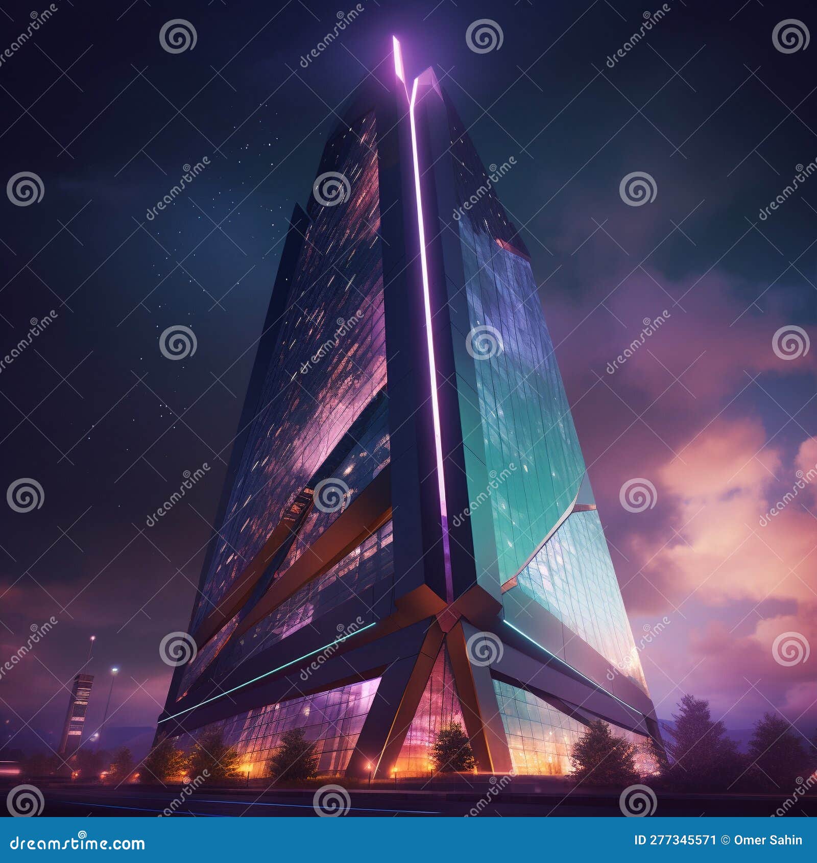 Futuristic Skyscraper with Neon Lights Stock Illustration ...