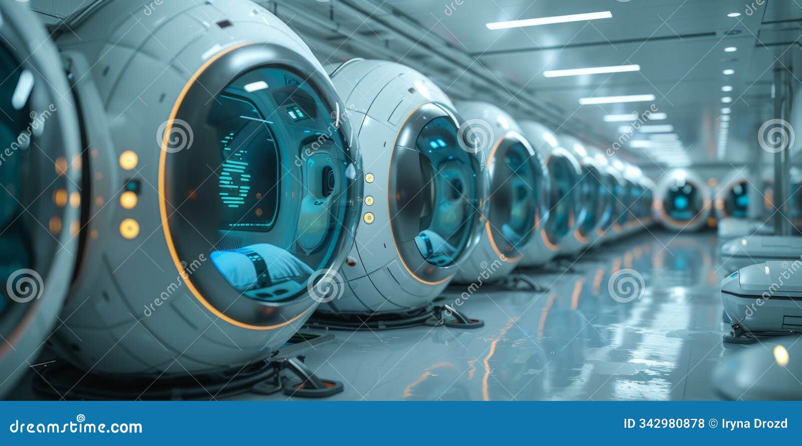 Futuristic Sleep Pods in a High-tech, Sterile Environment, Lined Up ...