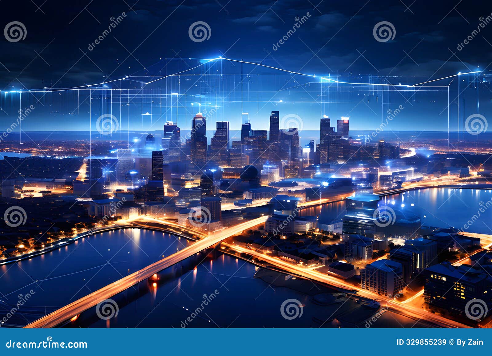 Futuristic Smart City At Night With Illuminated Digital Network And ...