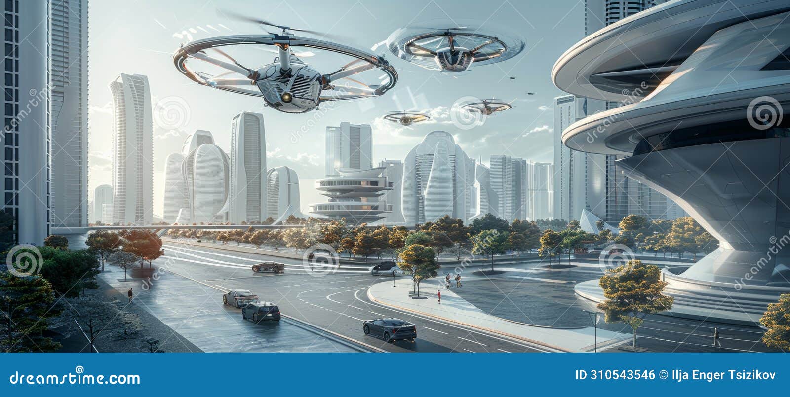 Futuristic Smart City with Tall Buildings, Smart Transportation, Drones ... Futuristic Smart City with Tall Buildings, Smart Transportation, Drones ...