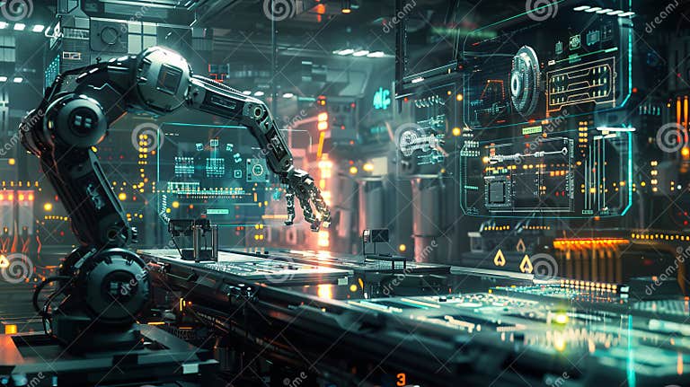 Futuristic Smart Factory Showcasing Robotic Arms and Holographic ... Futuristic Smart Factory Showcasing Robotic Arms and Holographic ...