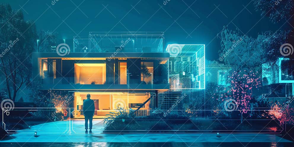 Futuristic Smart Home with Augmented Reality Interface at Night Stock Illustration ...