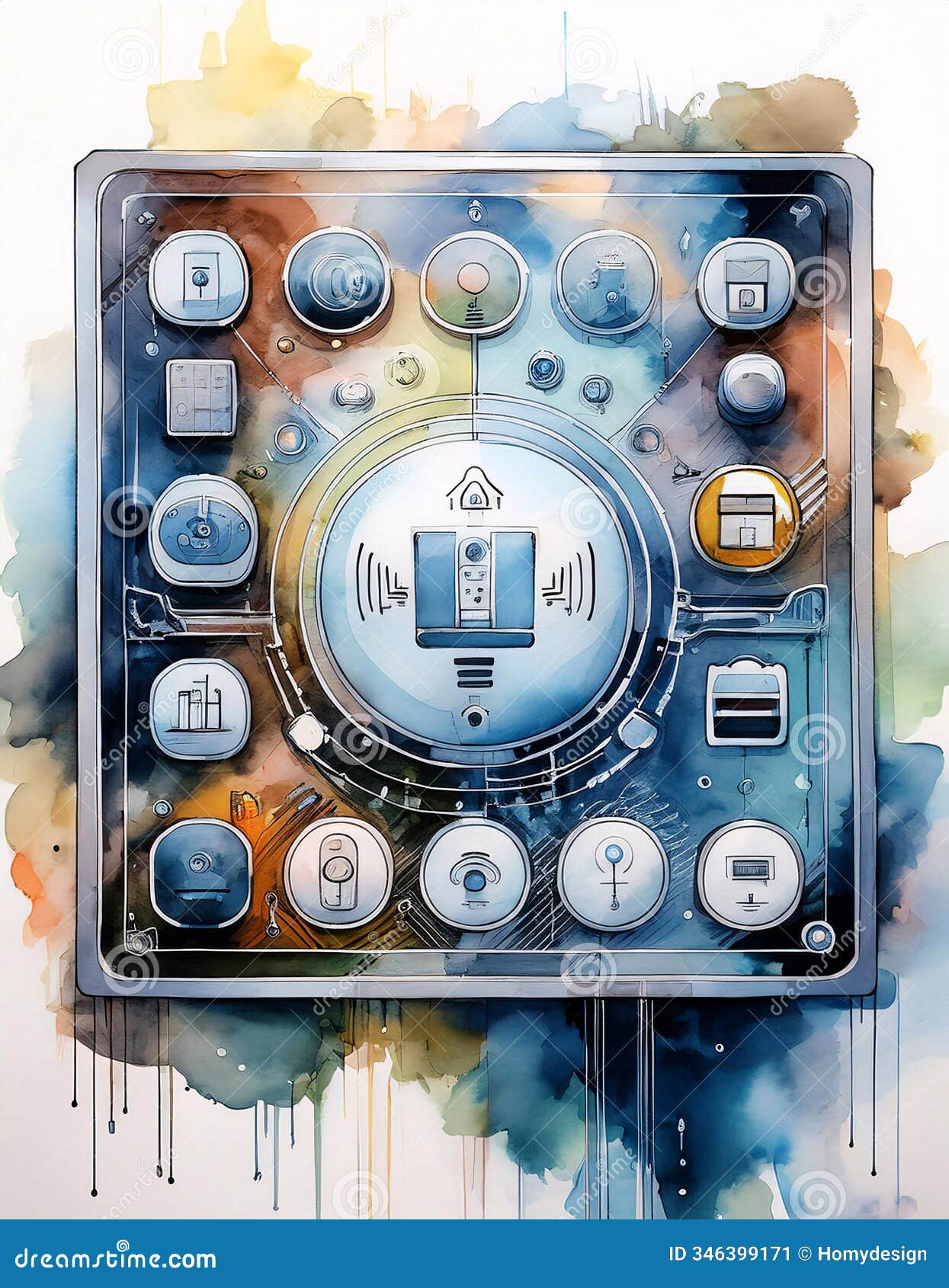 A Futuristic Smart Home Control Panel with Various Icons and Buttons ...