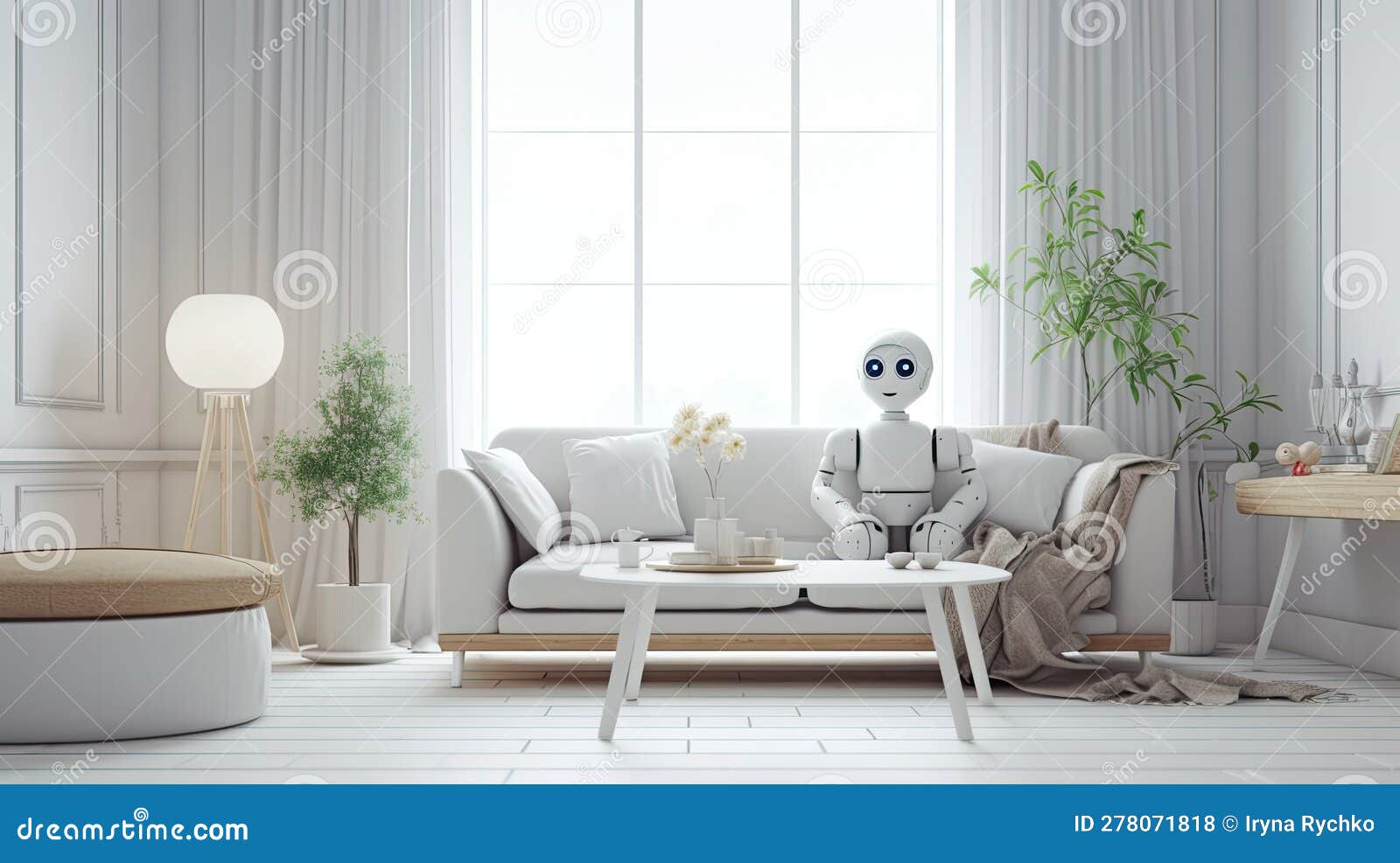 Futuristic Smart Home Robot Assistant Device in Living Room, AI ...