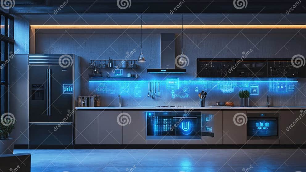 Futuristic Smart Kitchen Showing Hologram Interface with Data and ...
