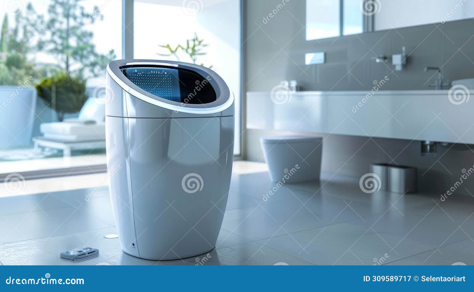 Futuristic Smart Laundry Bin for High-Tech Bathrooms Stock Illustration ...