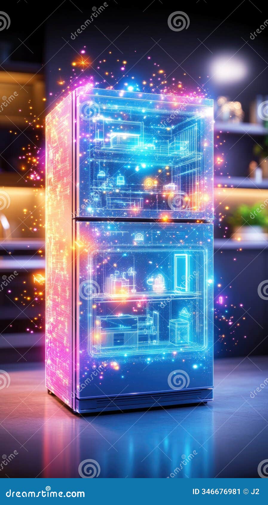 Futuristic Smart Refrigerator with Neon Holographic Display in Modern ...