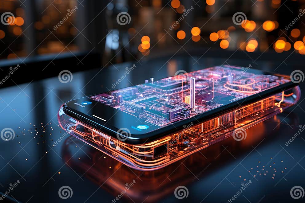 Futuristic Smartphone of the Future with Augmented Reality, Microchips, Microprocessors ...