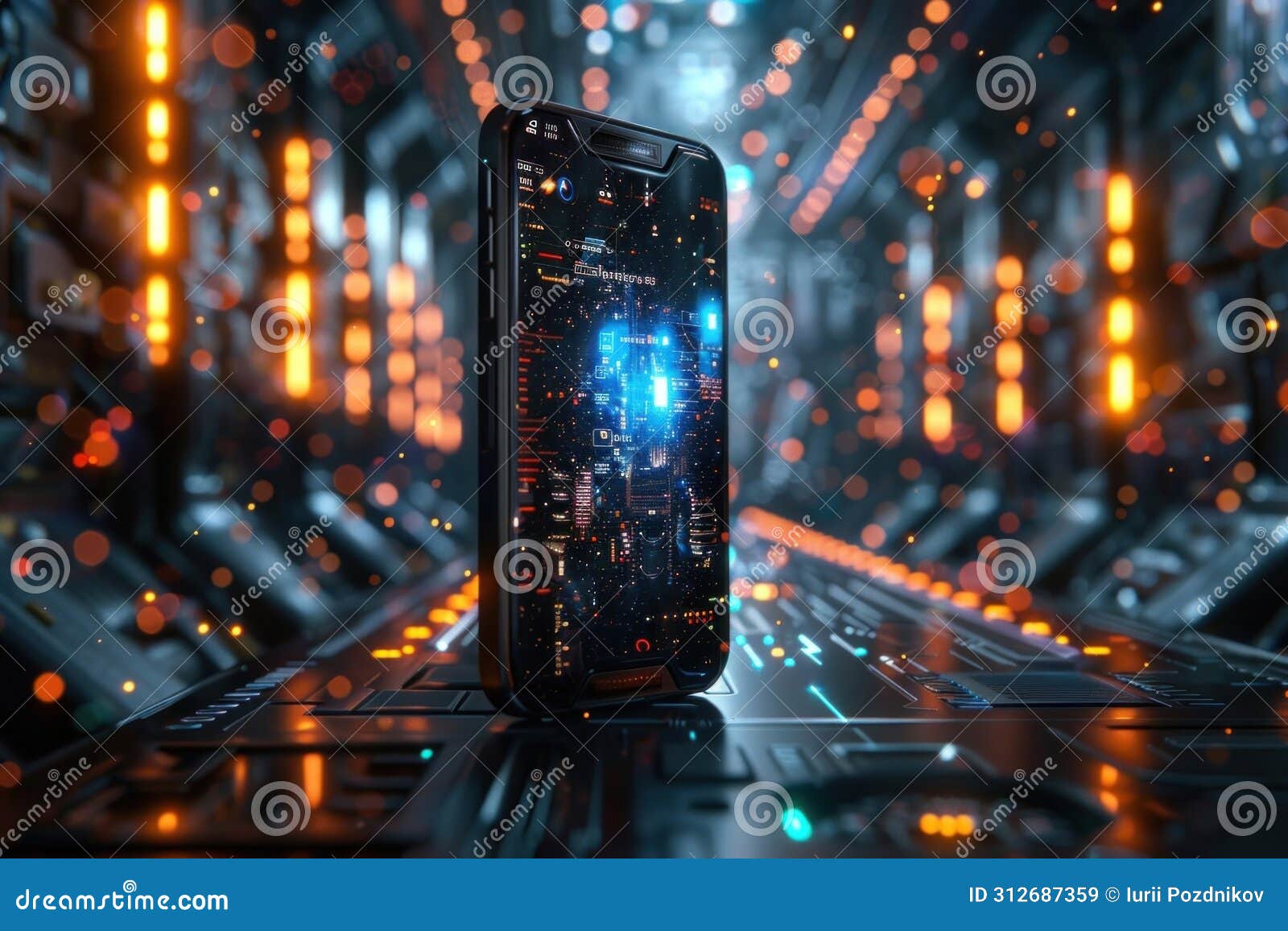 Futuristic Smartphone Lies on a High-tech Surface with a Bright Light ...