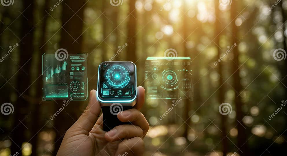 Futuristic Smartwatch Display with Holographic Interface in Forest ...