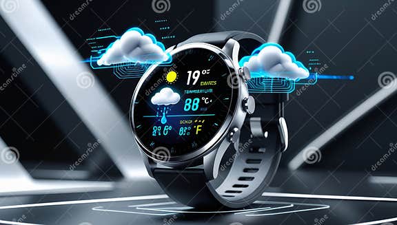 Futuristic Smartwatch Displaying Real-time Weather with Cloud Data ...