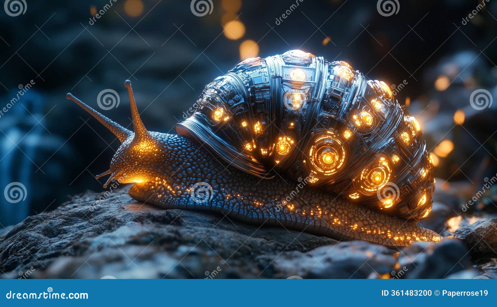Futuristic Snail with Illuminated Mechanical Shell at Night Stock Photo ...