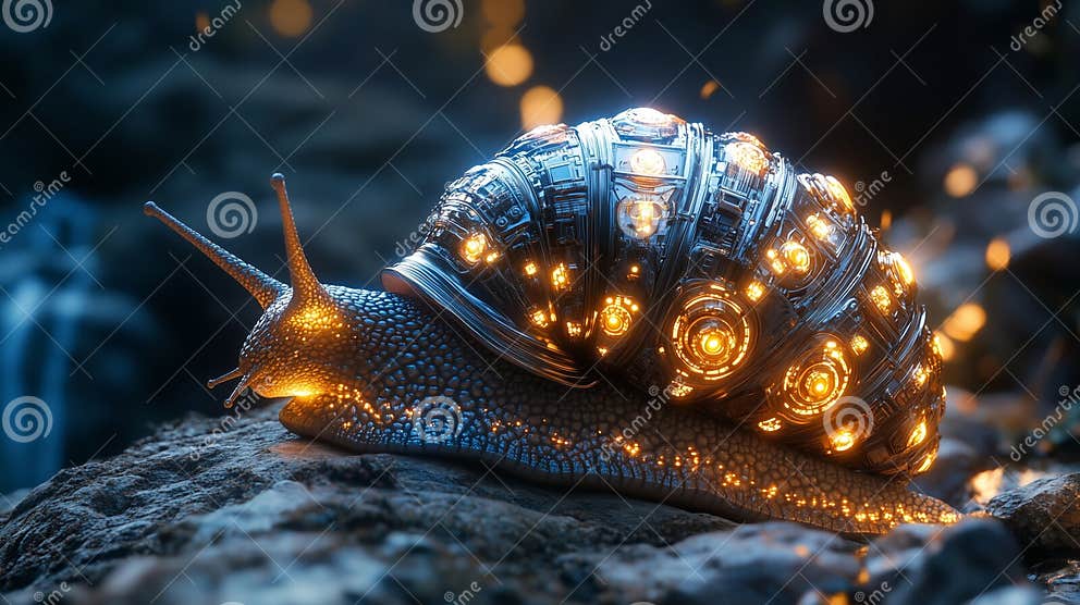 Futuristic Snail with Illuminated Mechanical Shell at Night Stock Photo ...
