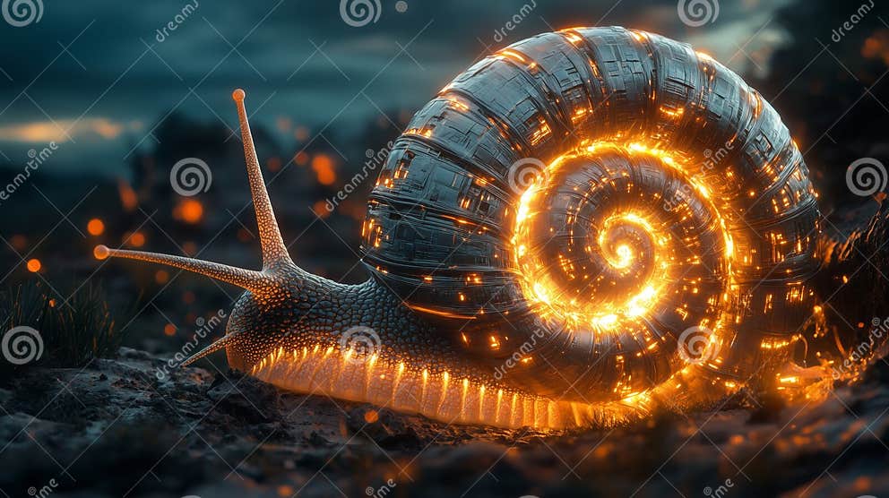 Futuristic Snail with Illuminated Mechanical Shell at Night Stock Photo ...