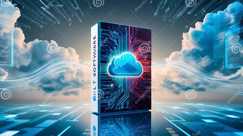 Futuristic Software Box with Code and Cloud Symbols in Digital Artwork ...