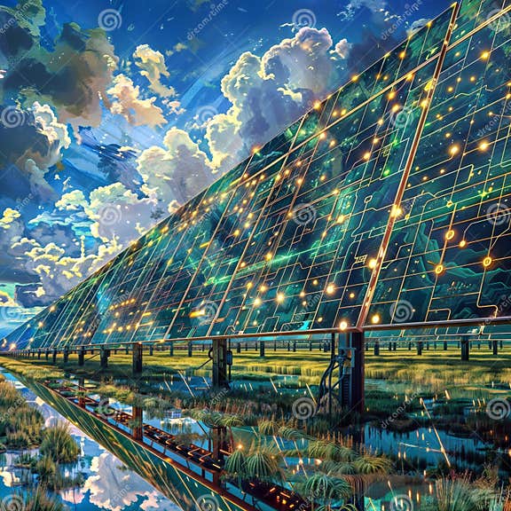 Advanced Solar Panels: Vibrant Circuit Patterns and Dramatic Sky in ...