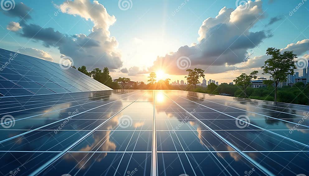 A Futuristic Solar Panel Array with Reflections of Trees and Clouds, Symbolizing Environmental ...